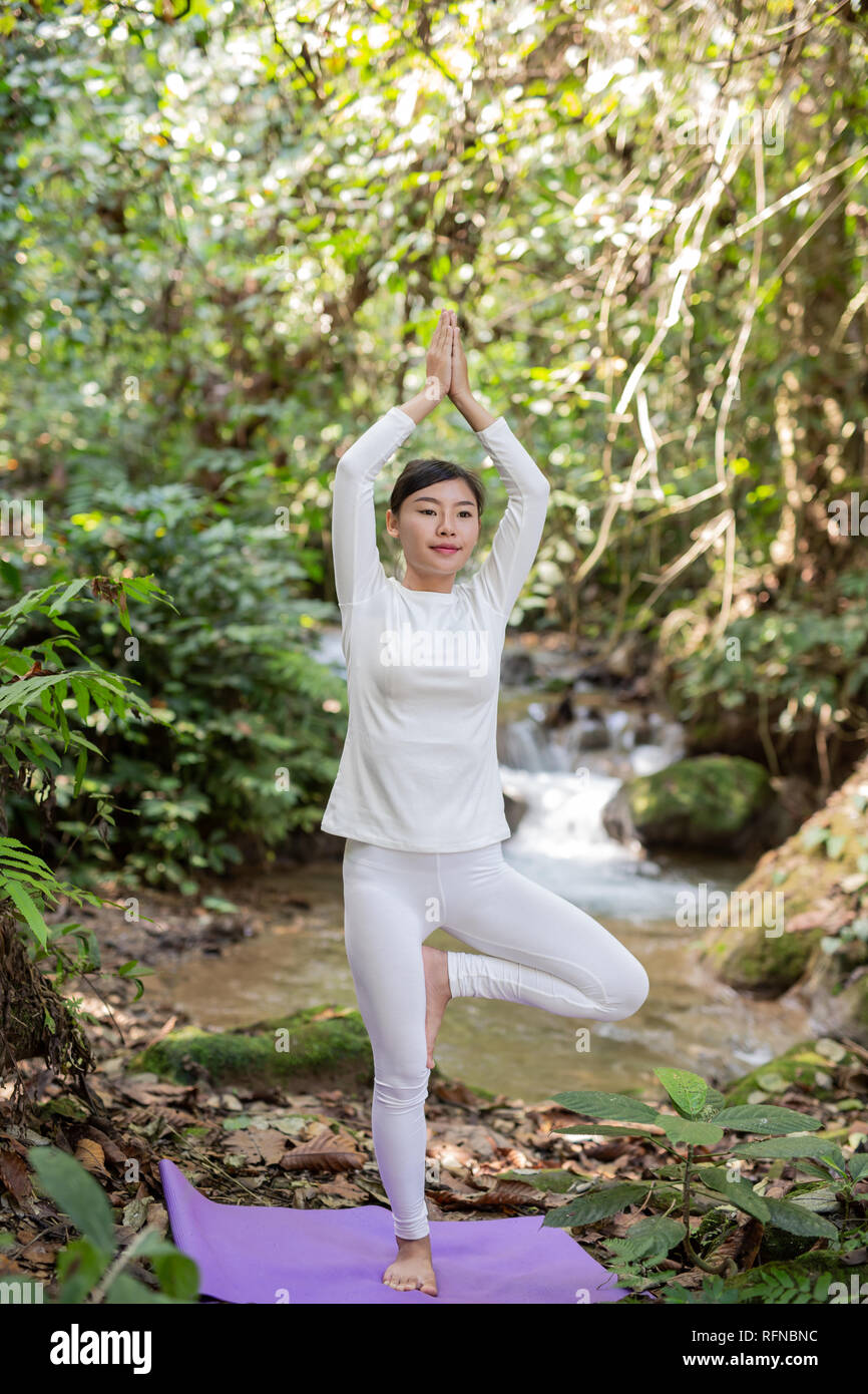 Beautiful girls are playing yoga at the park. Among the natural ...