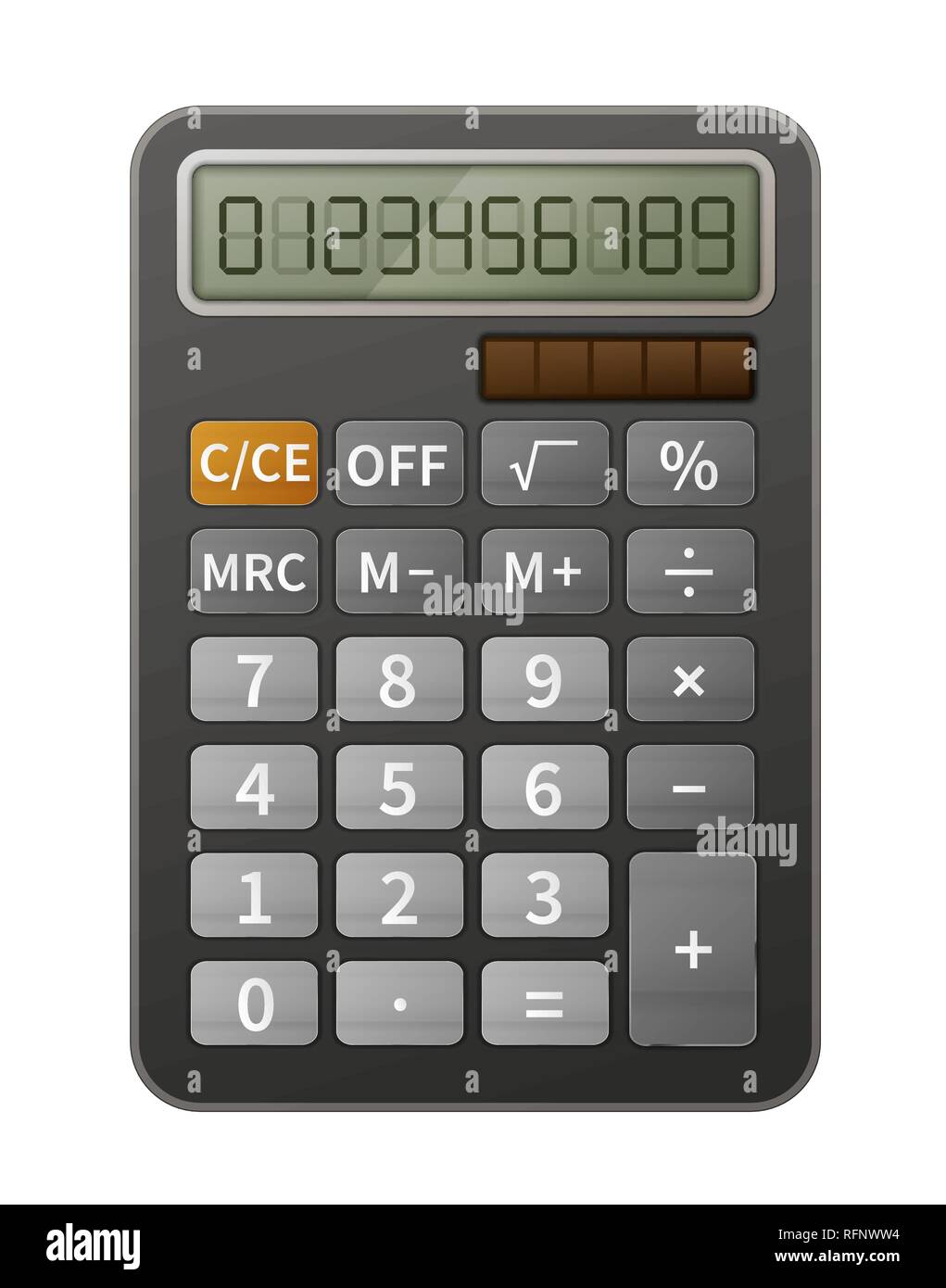 Bright realistic calculator with glossy buttons and electronic display ...