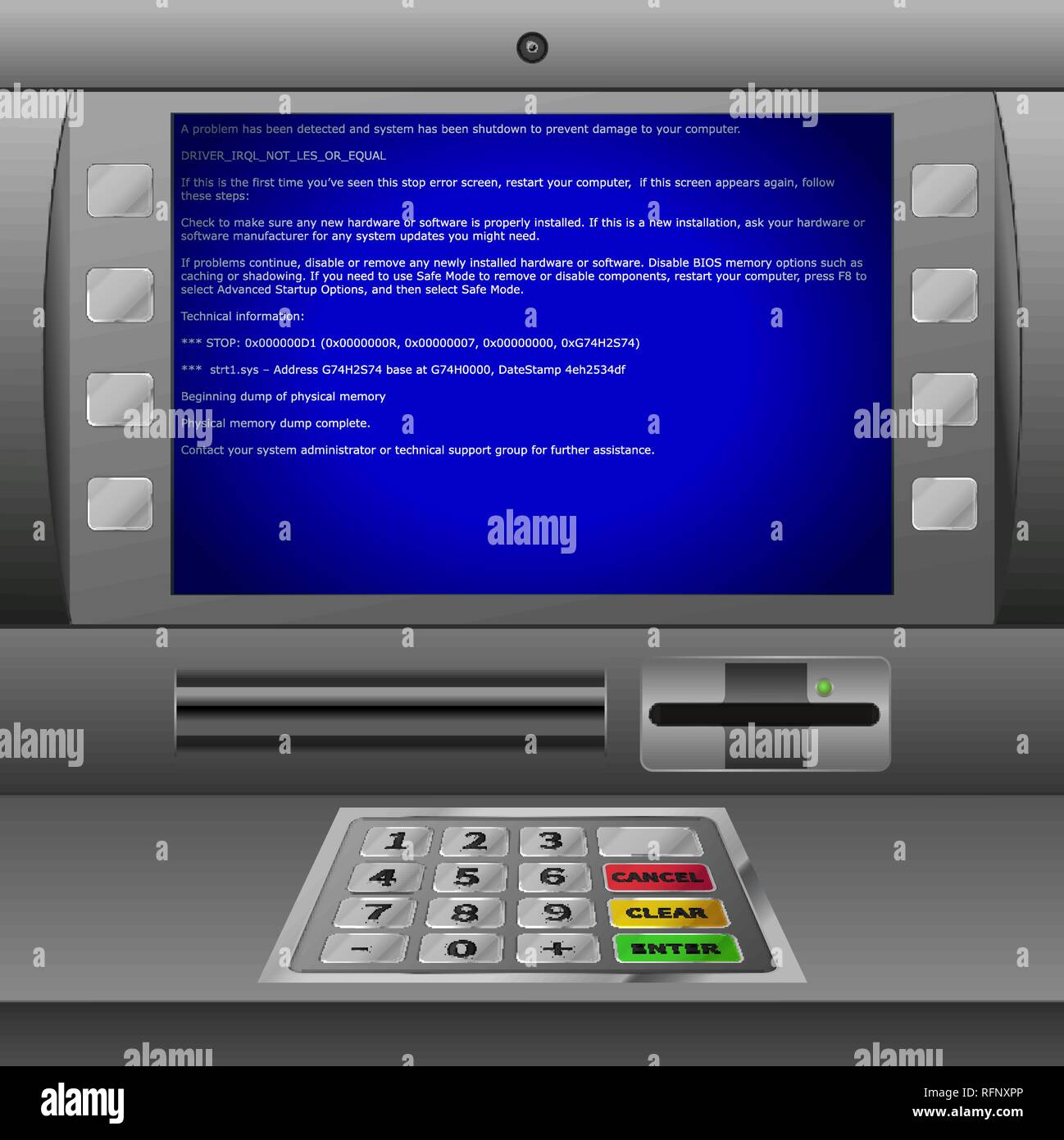 Realistic ATM machine with keypad and blue BSOD critical error message ... Realistic ATM machine with keypad and blue BSOD critical error message ...