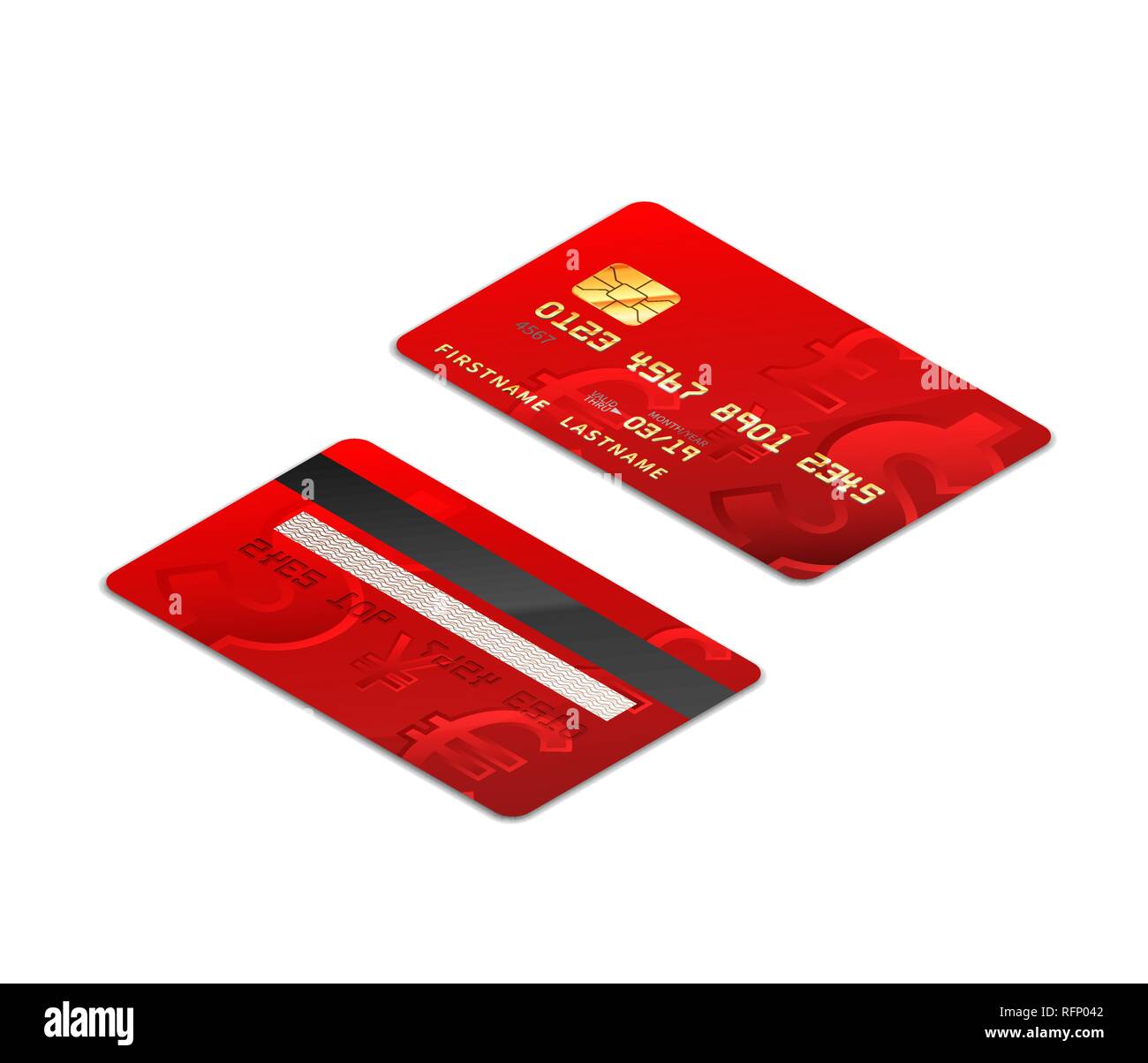 Red realistic credit cards with chip from both sides in isometric ...
