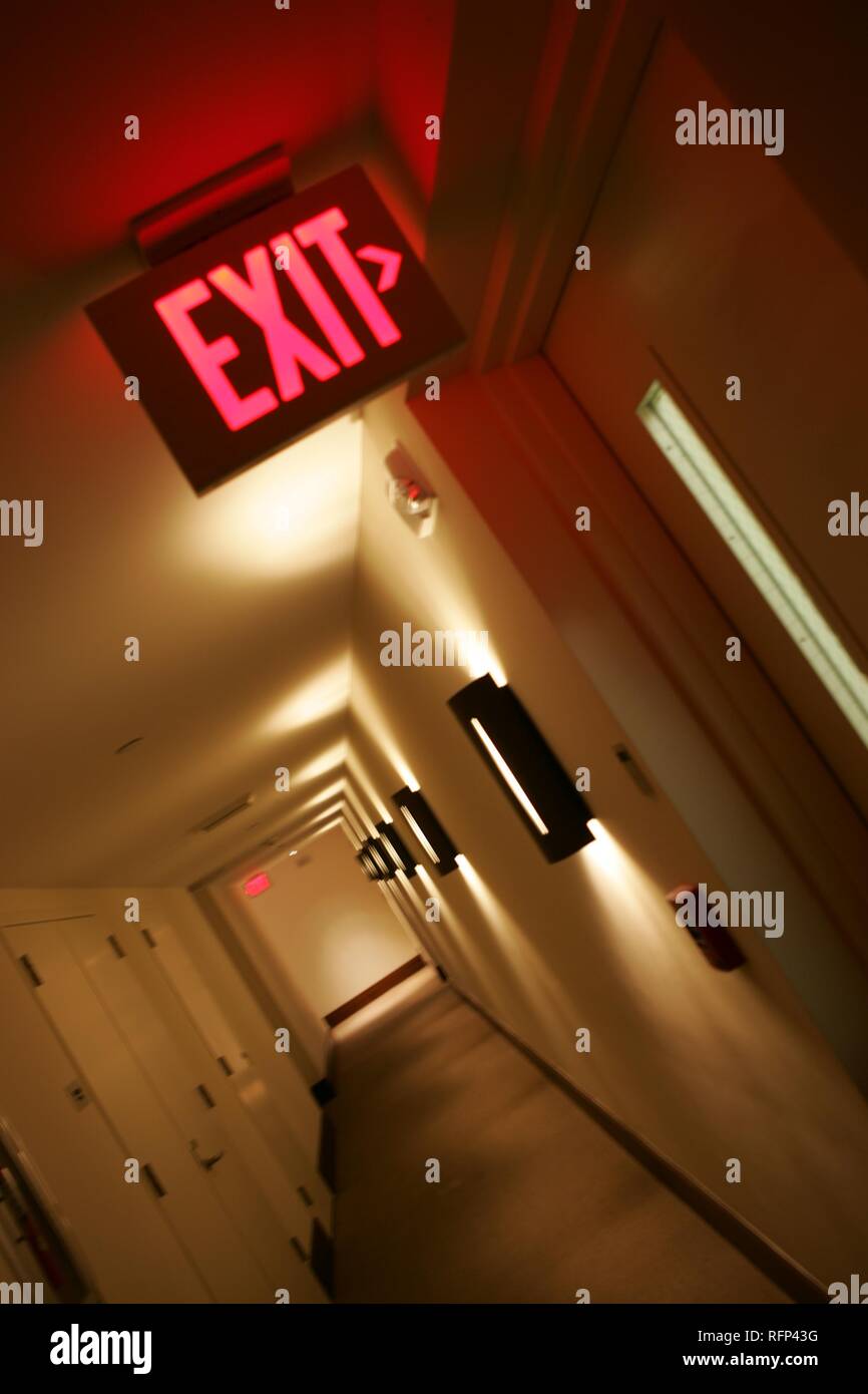 Hotel corridor, emergency exit sign, Miami, Florida, USA Stock Photo ...