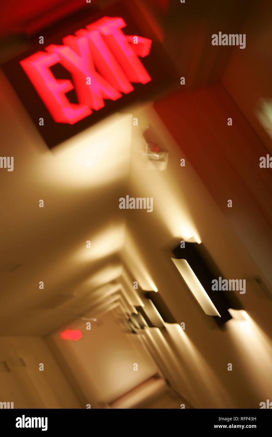 Hotel corridor, emergency exit sign, Miami, Florida, USA Stock Photo ...