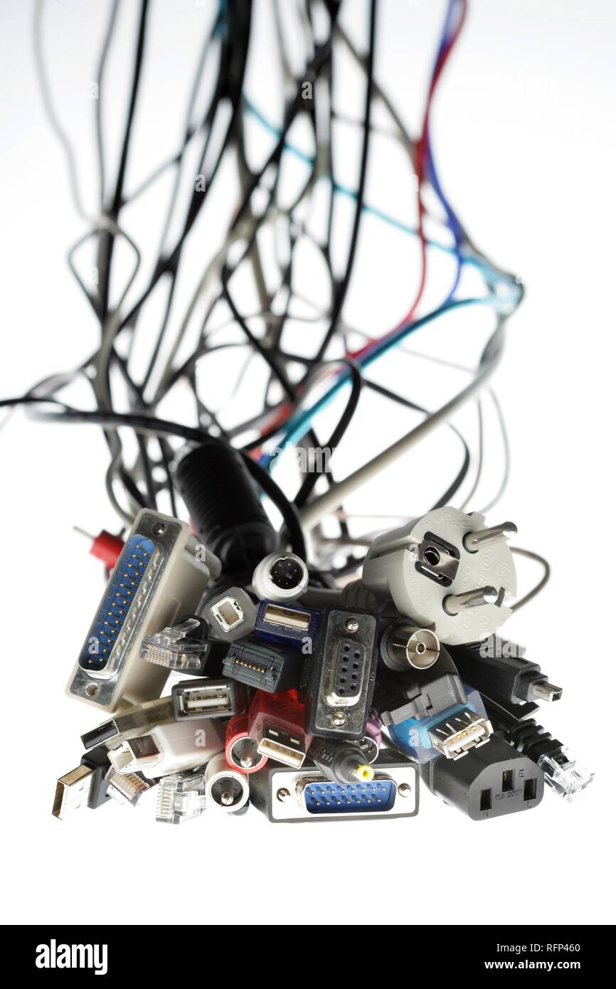 Different cables and plugs for electronical hardware and computer Stock ...