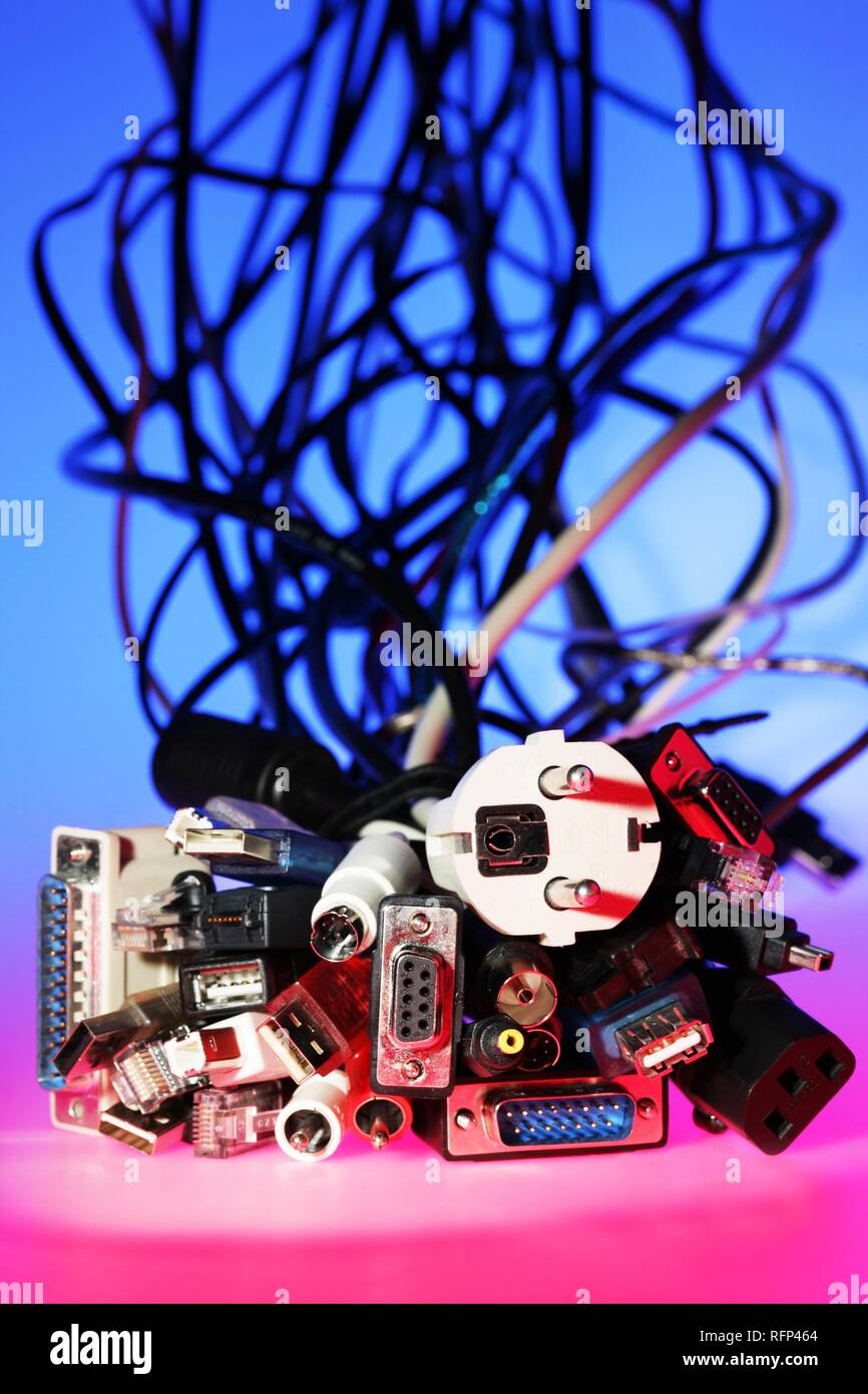 Different cables and plugs for electronical hardware and computer Stock ...