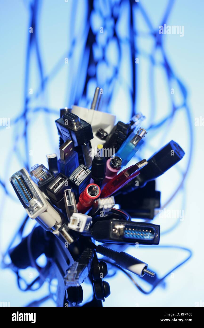 Different cables and plugs for electronical hardware and computer Stock ...