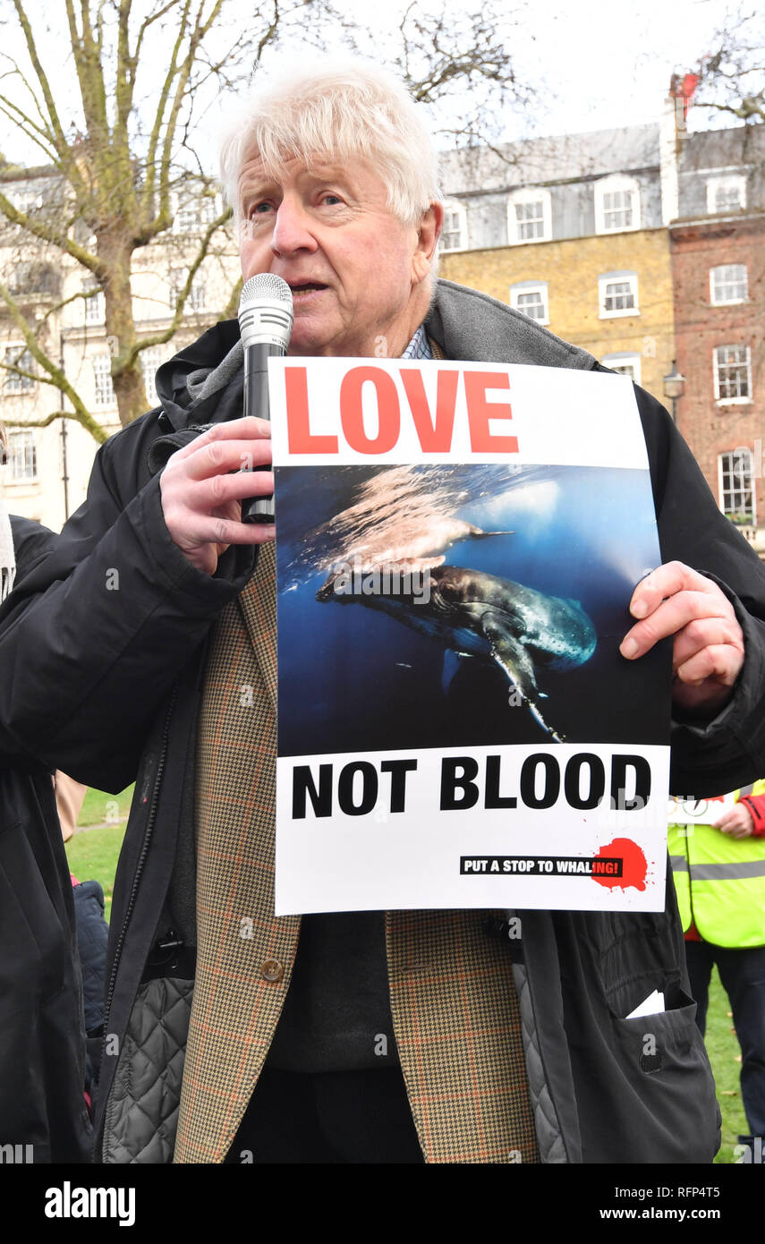 Stanley Johnson addresses an anti-whaling protest outside the Japanese ...