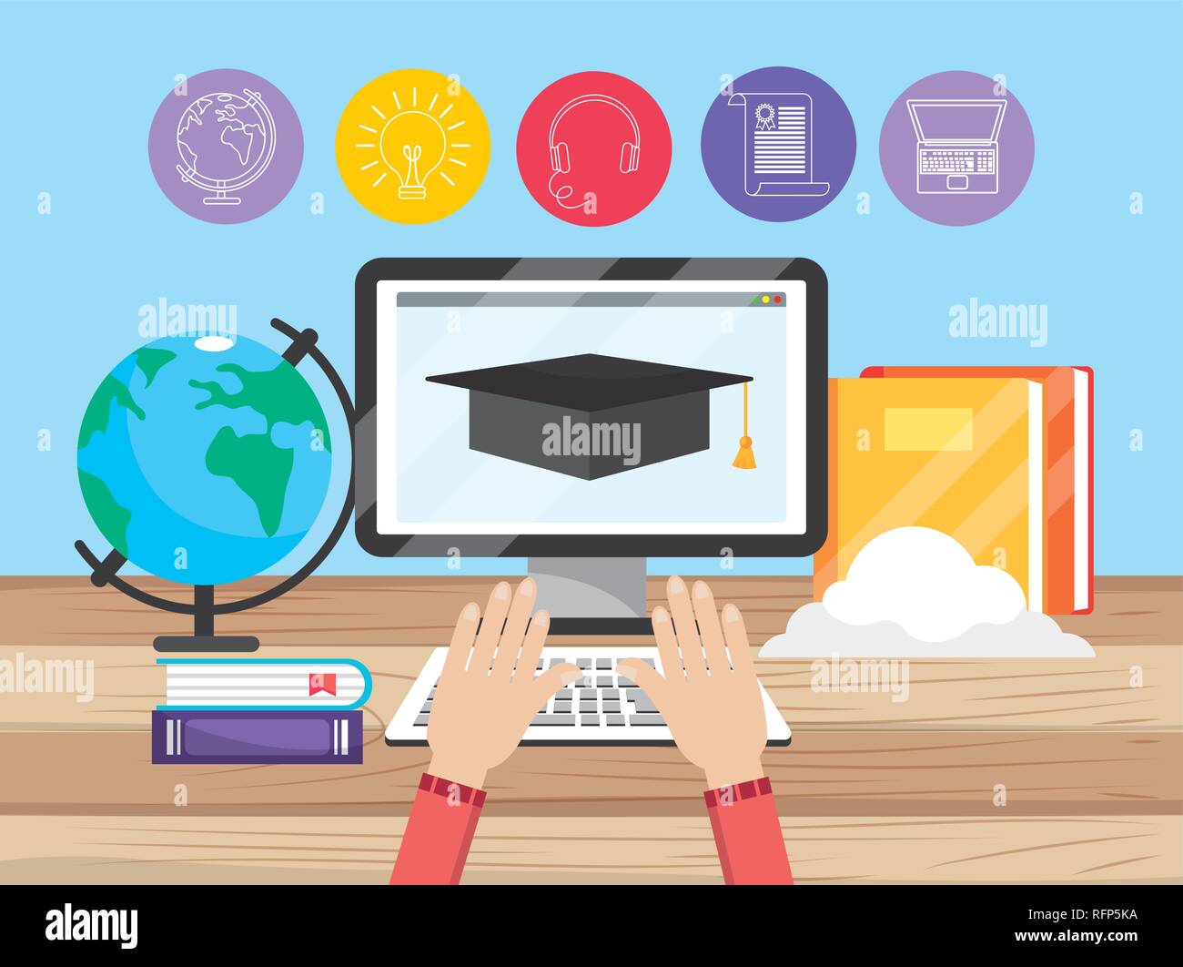 computer technology with education books and hands Stock Vector Image ...