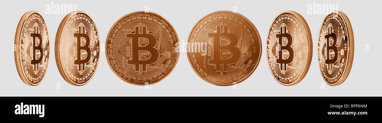 Group of copper Bitcoin cryptocurrency isolated on white background ...