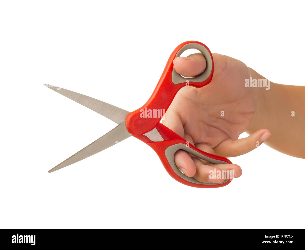 Human hand holding scissors gesture isolate on white background with ...
