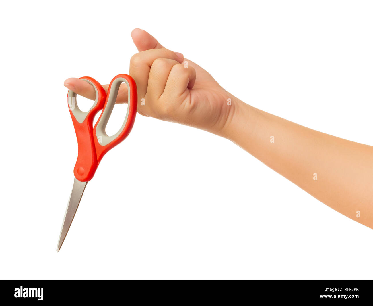 Human hand holding scissors gesture isolate on white background with ...