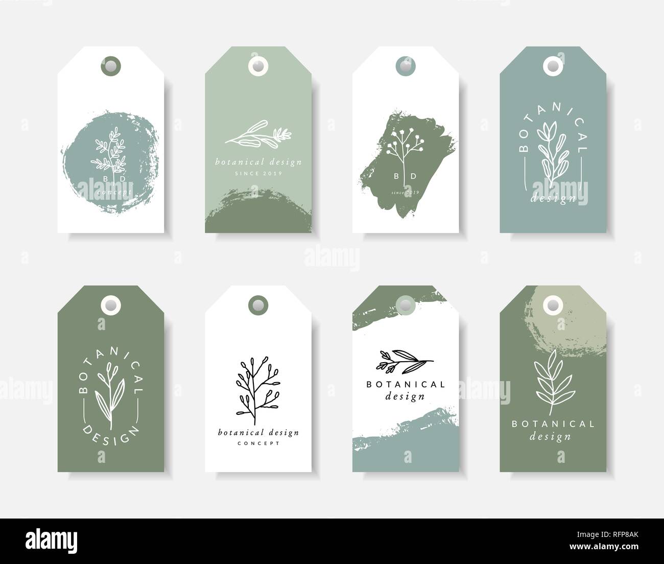 A set of eight modern and elegant botanical tag designs in pastel green ...
