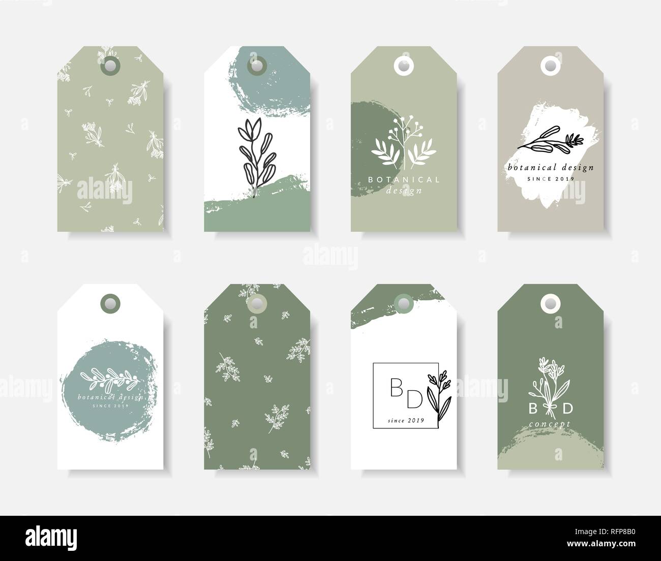 A set of eight modern and elegant botanical tag designs in pastel green ...