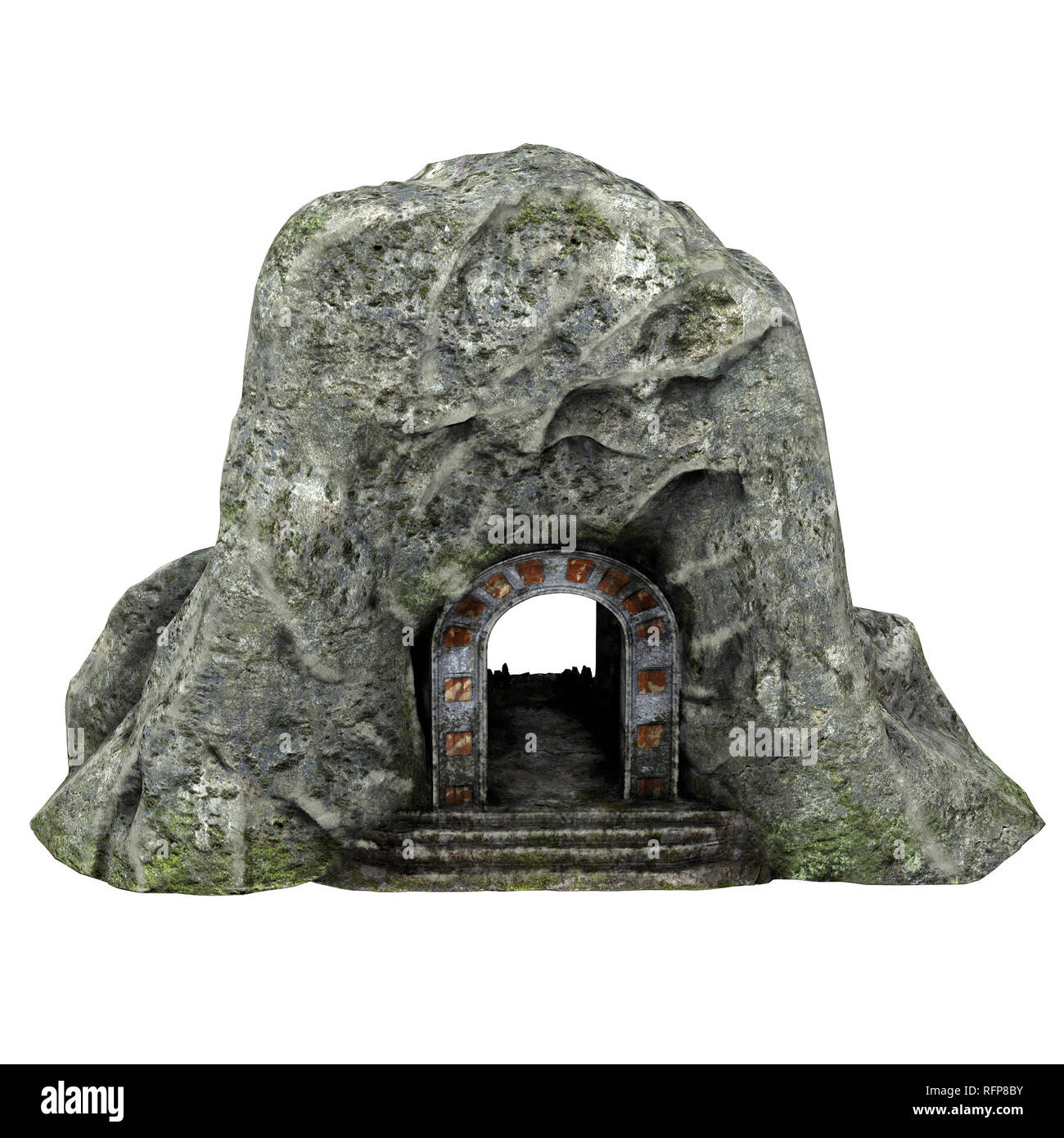 Entrance to a stone cave with a skull on an isolated background. 3d ...