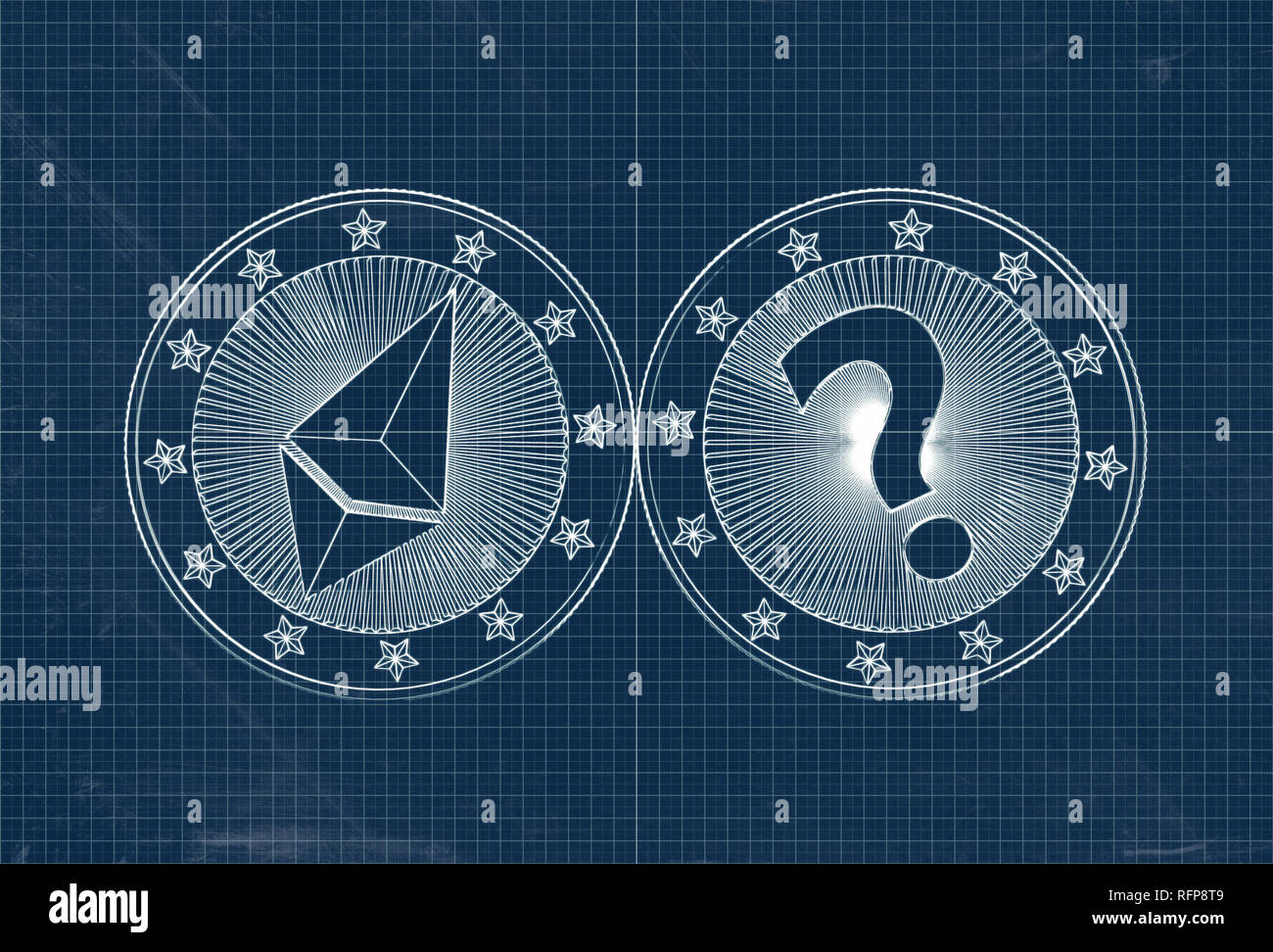 Old Blueprint Sketch with scratches - Ethereum coin and a coin with a ...