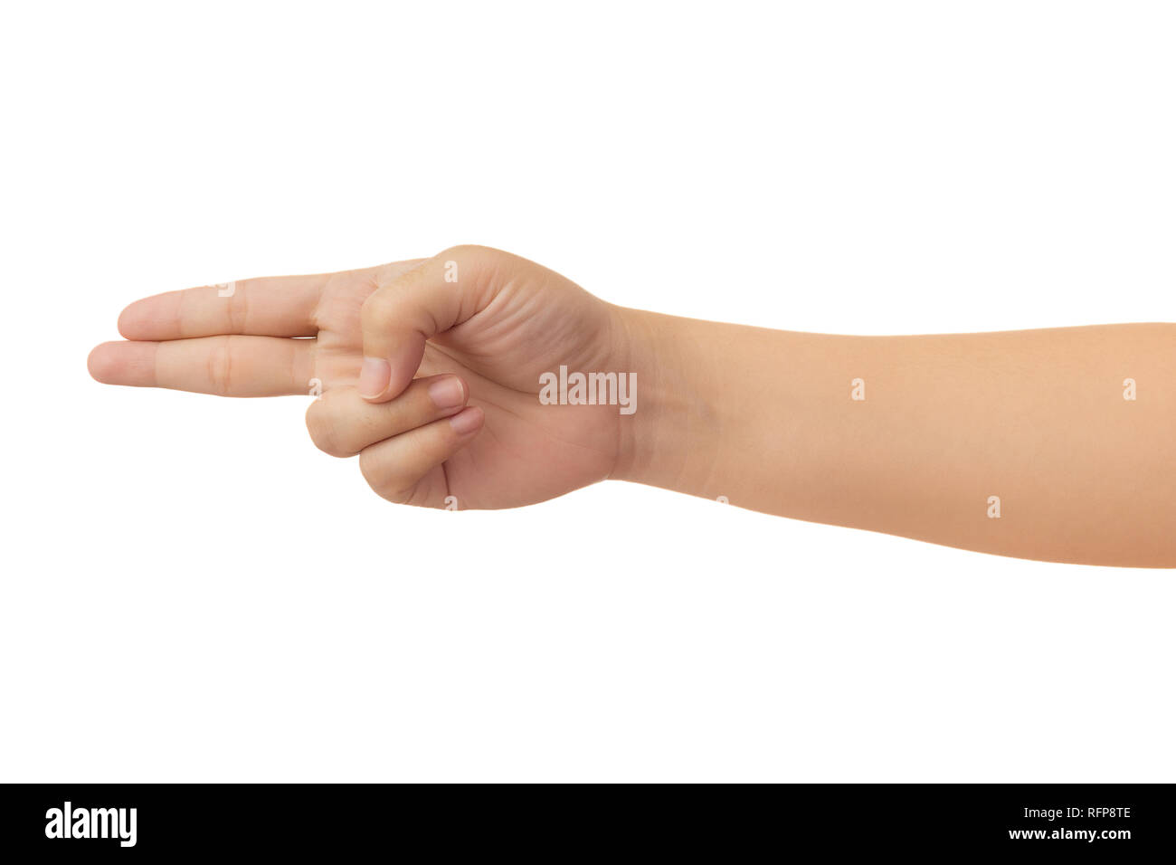 Human hand in reach out one's hand and counting number two or gun sign ...