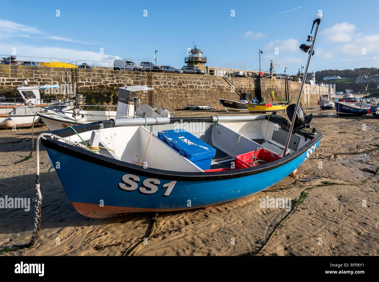 SS1 St.ives fishing boat on moorings at low tide St.ives Cornwall UK ...