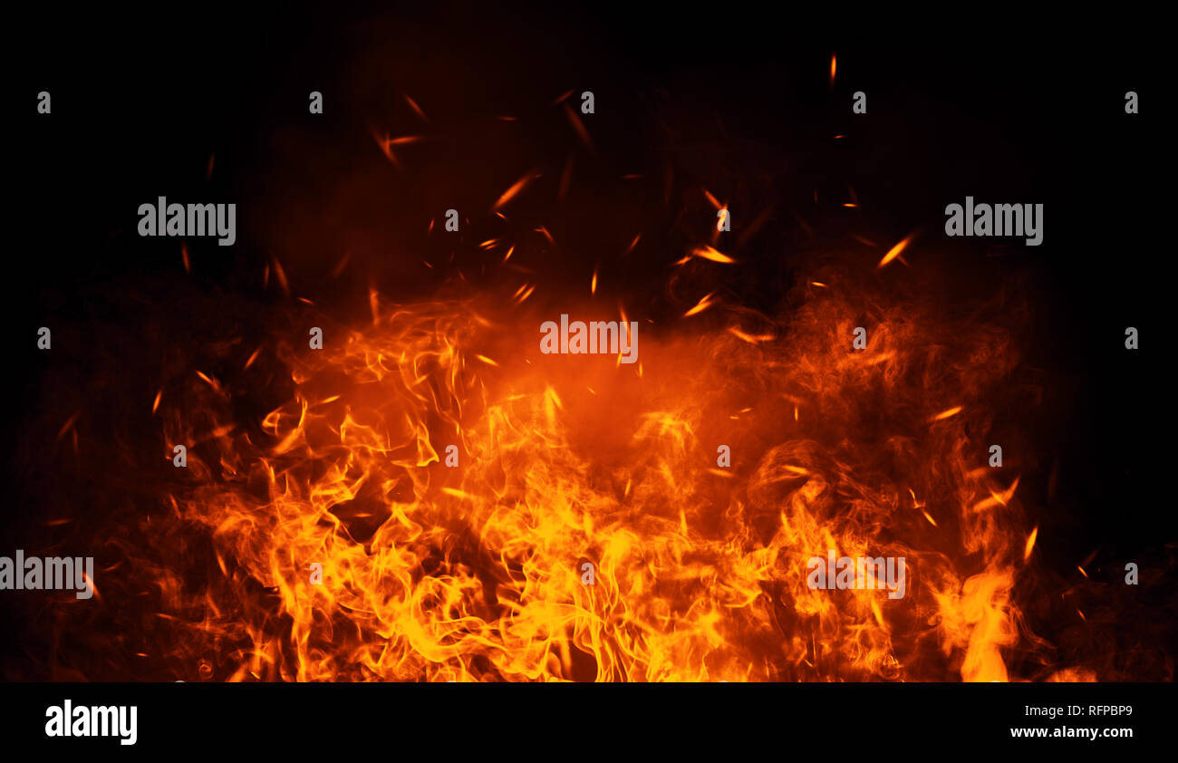 Texture of burn fire with particles embers. Flames on isolated black ...