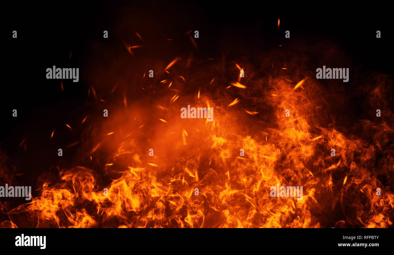 Texture of burn fire with particles embers. Flames on isolated black ...