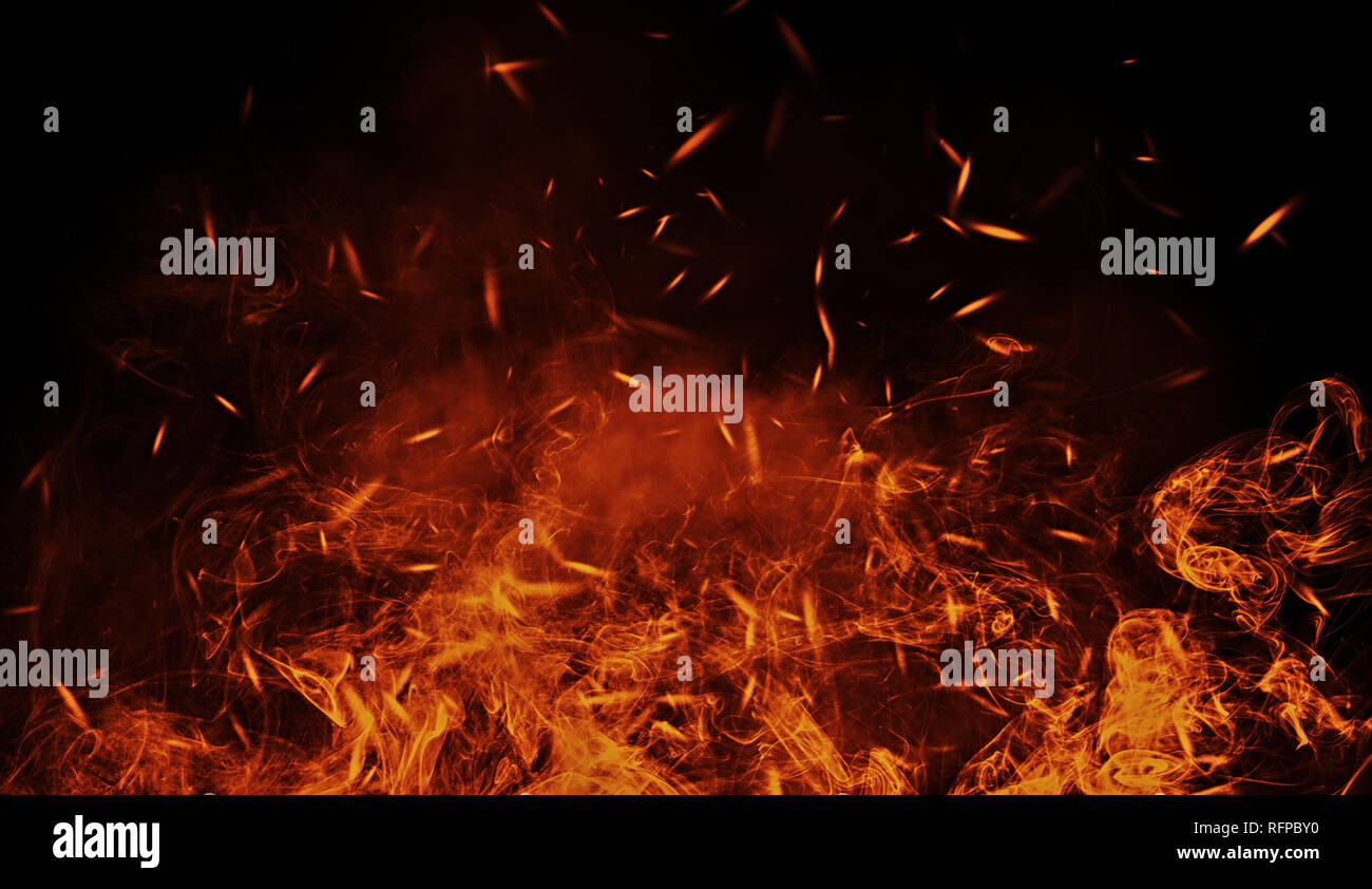 Vintage abstract flames with fire particles embers on isolated ...