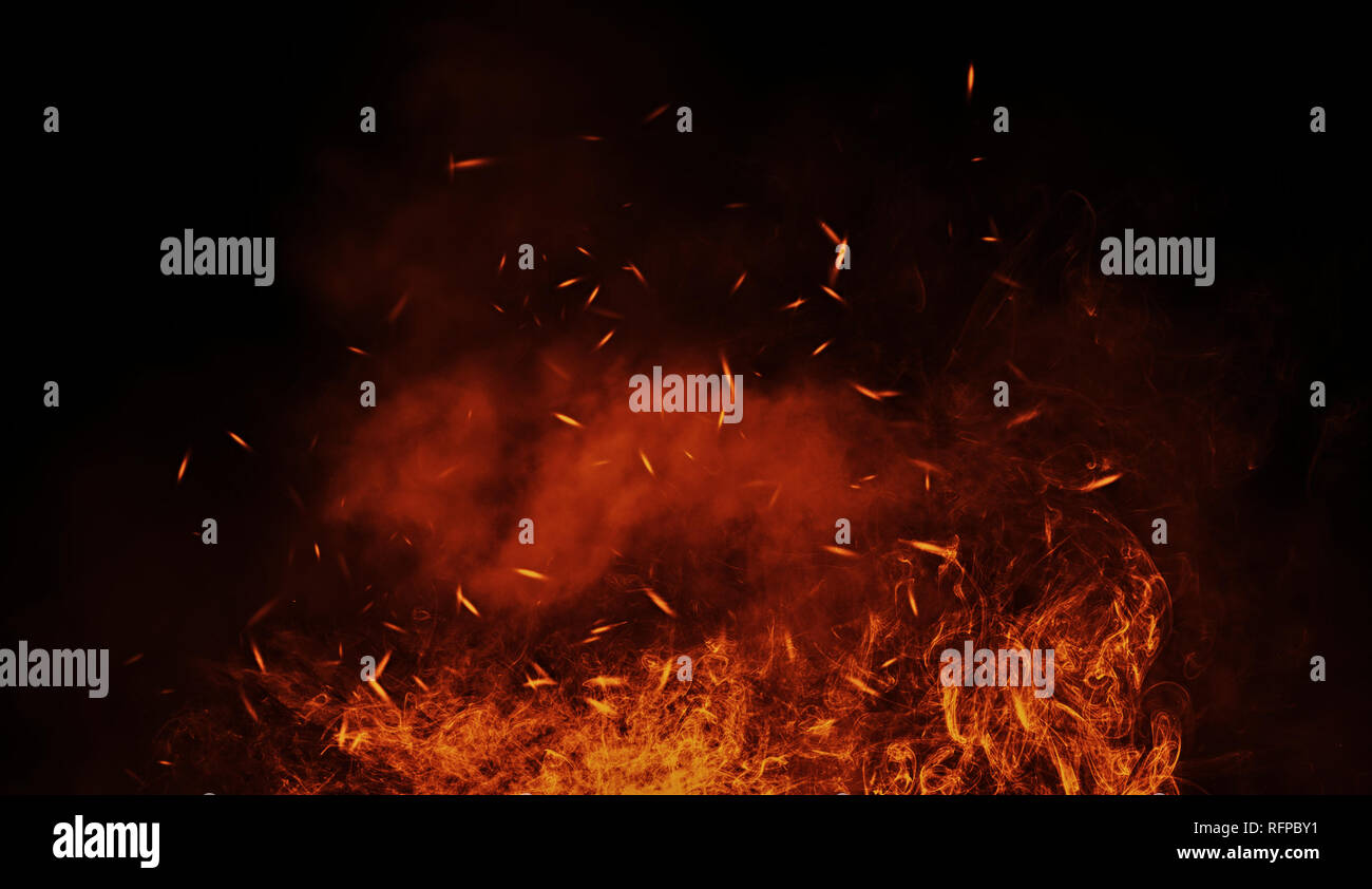 Vintage abstract flames with fire particles embers on isolated ...