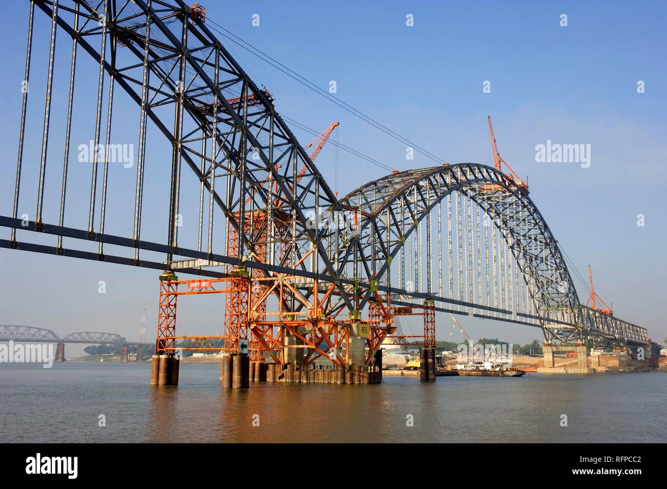 Construction of a new bridge, Irrawaddy river, near Ava, Myanmar, Burma ...