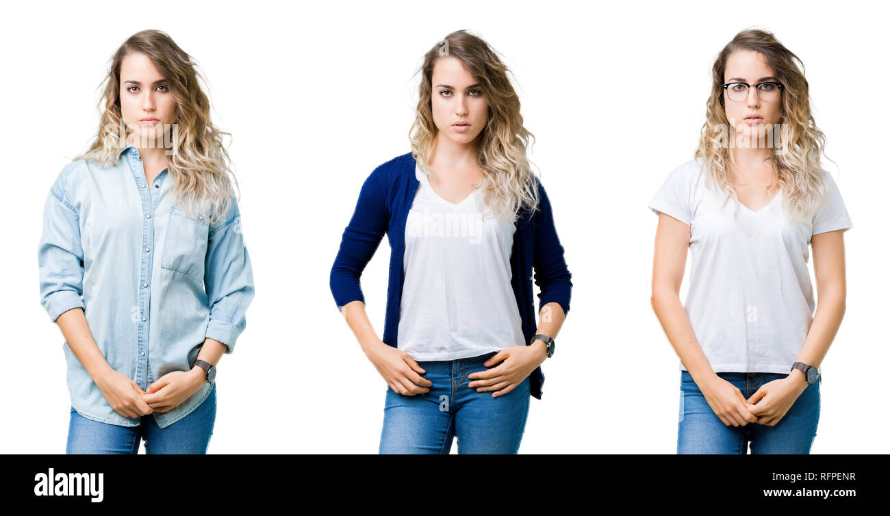 Collage of young beautiful blonde girl over isolated background Relaxed ...