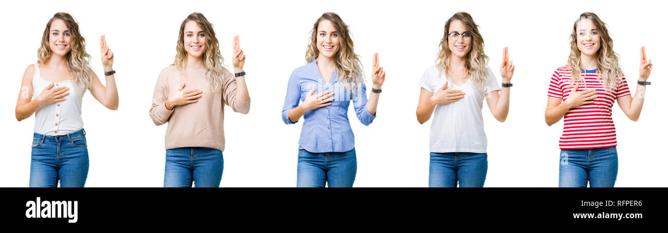 Collage of young beautiful blonde girl over isolated background ...