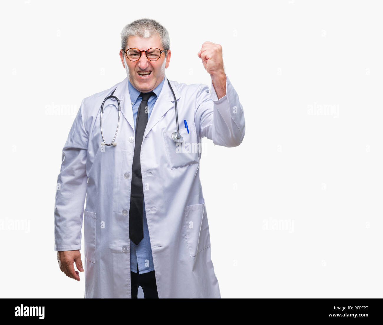 Handsome senior doctor man over isolated background angry and mad ...