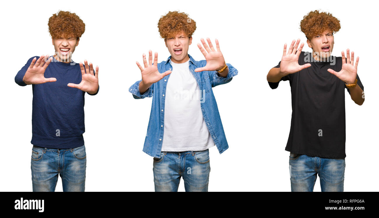 Collage of young men with curly hair over isolated white background ...