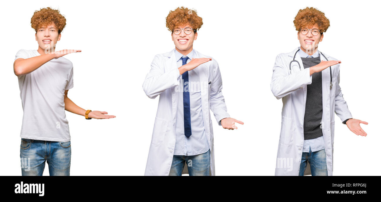 Collage of young doctor man wearing medical coat over isolated white ...