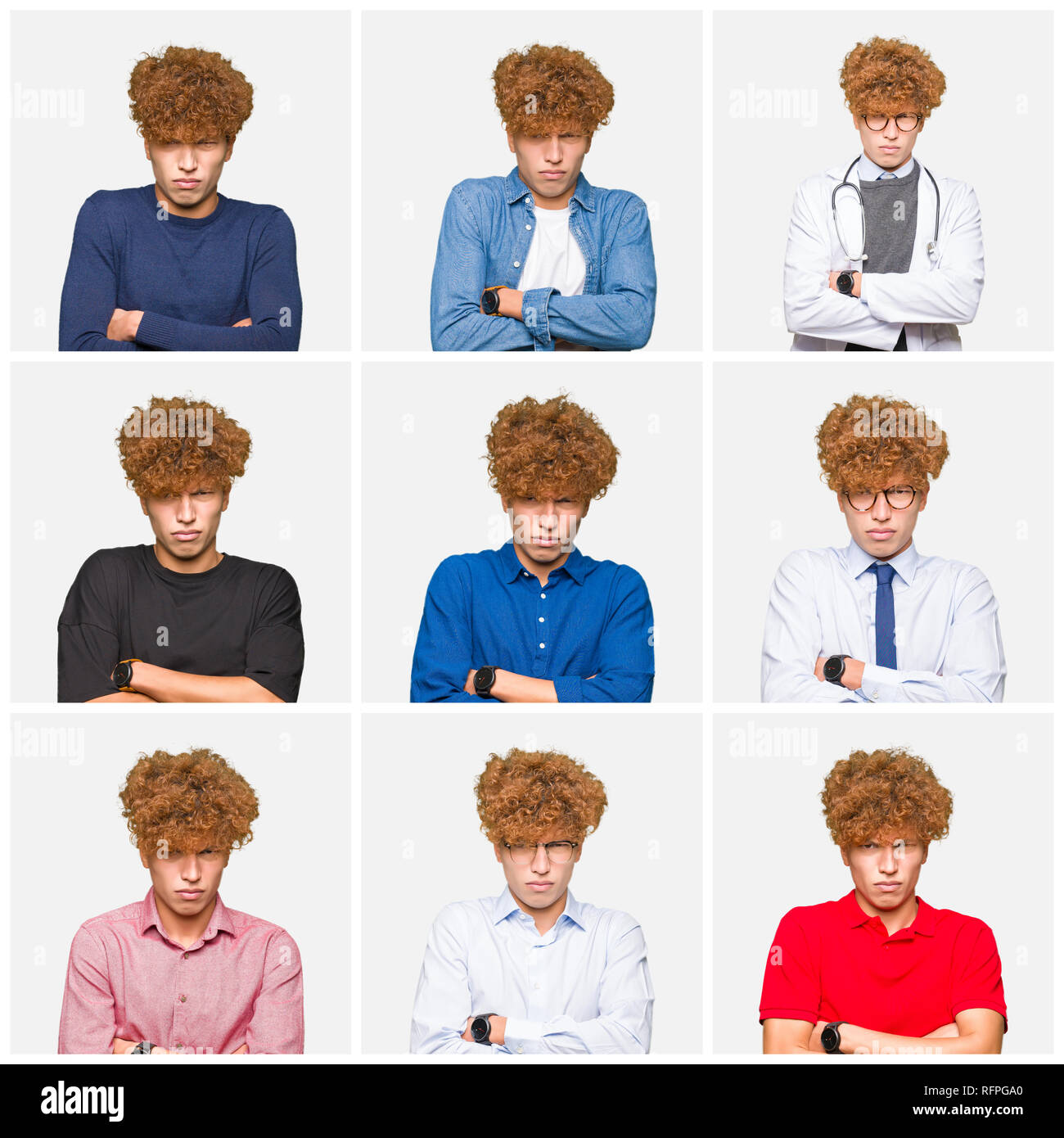Collage of young man wearing different looks over isolated white ...