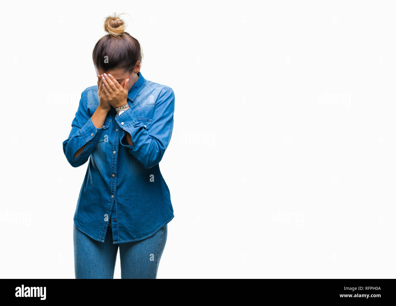 Young beautiful woman over isolated background with sad expression ...