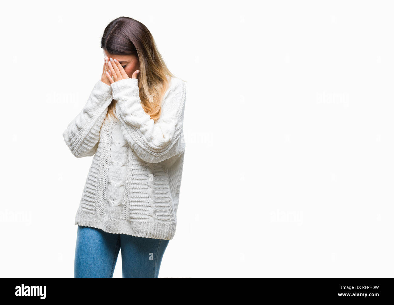 Young beautiful woman casual white sweater over isolated background ...