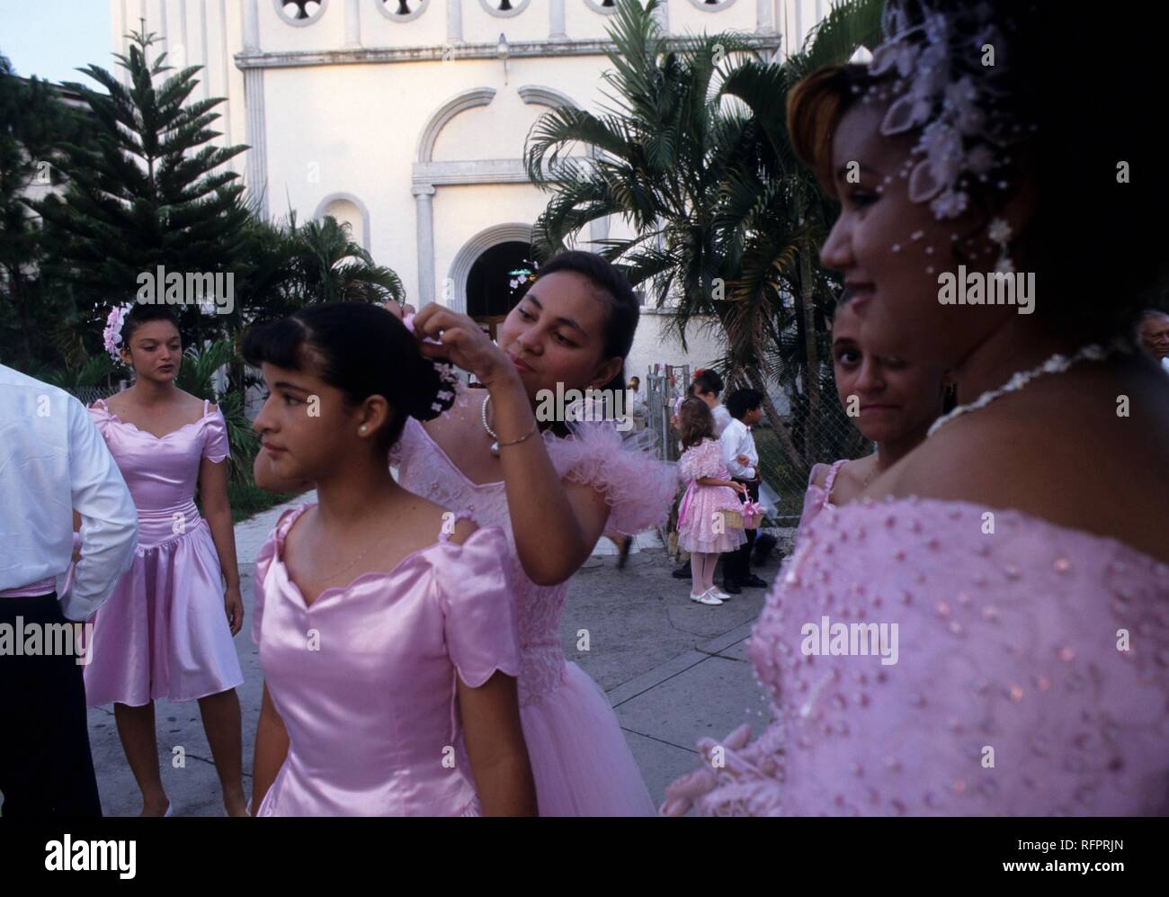 Wedding party in front of the church, La Ceiba, Honduras Stock Photo ...