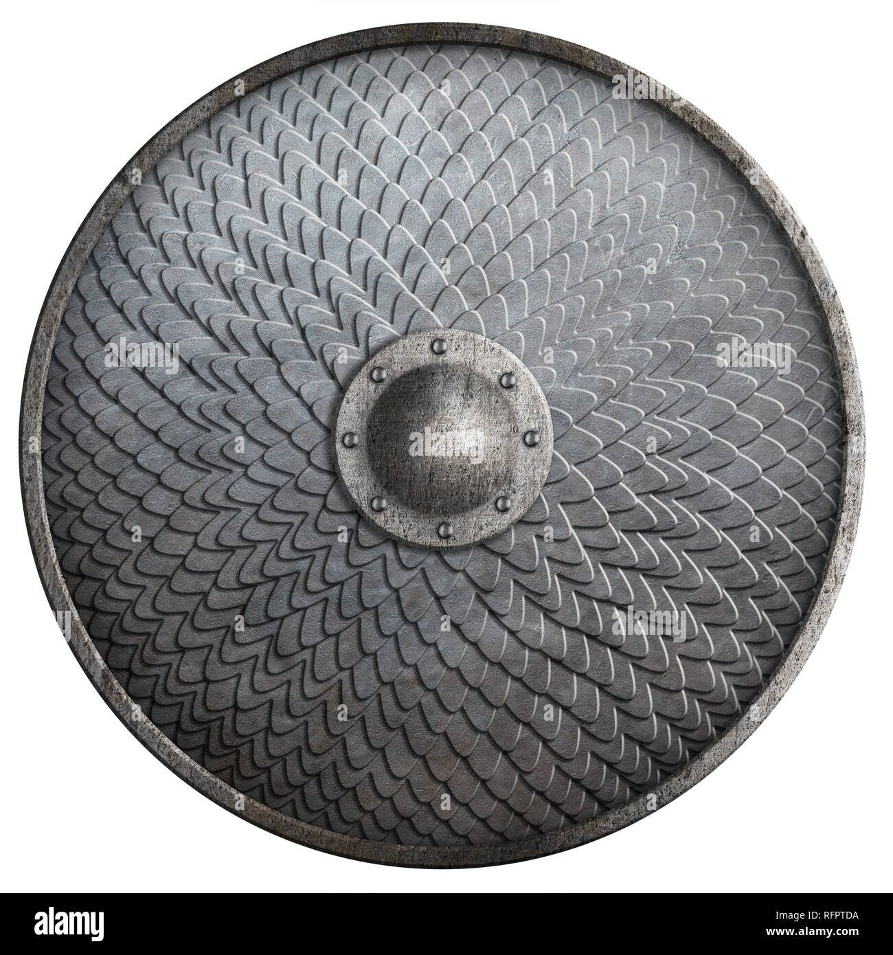 Metal round shield covered by scales isolated 3d illustration Stock ...