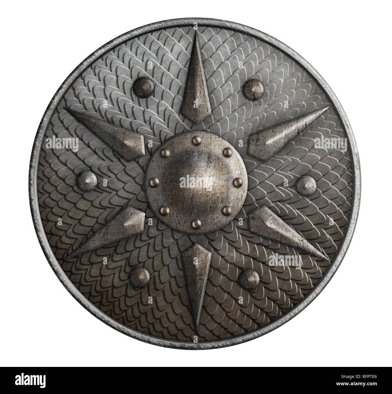 Round metal shield covered by scales isolated 3d illustration Stock ...