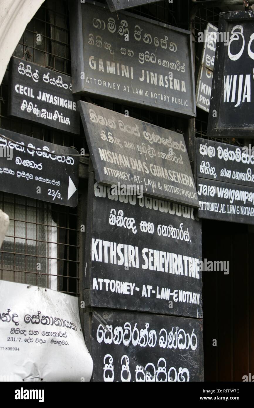 LKA, Sri Lanka, Kandy : Signs of lawyers offices near a courthouse ...