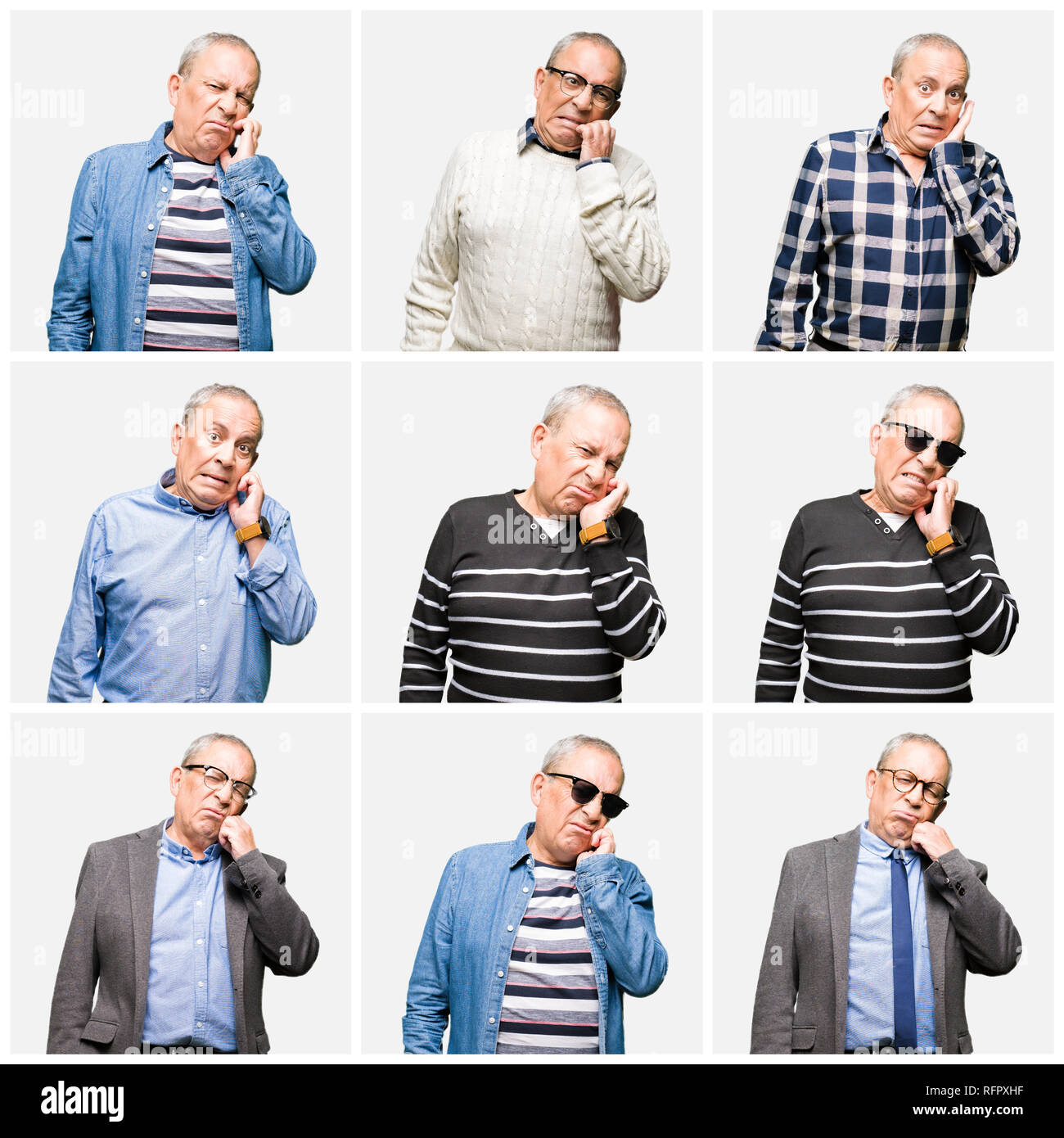 Collage of handsome senior man over white isolated background looking ...