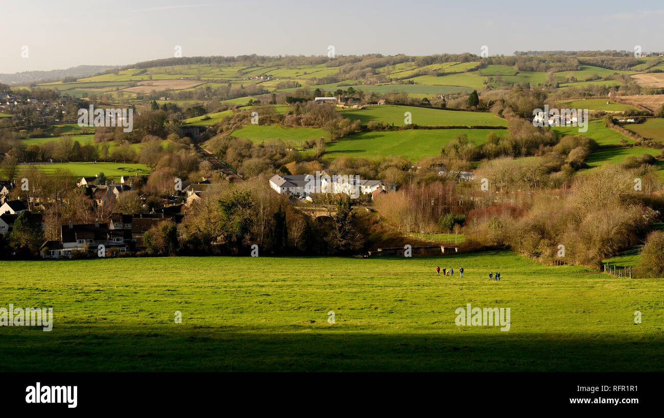 Box village and the By Brook valley in West Wiltshire, seen from above ...