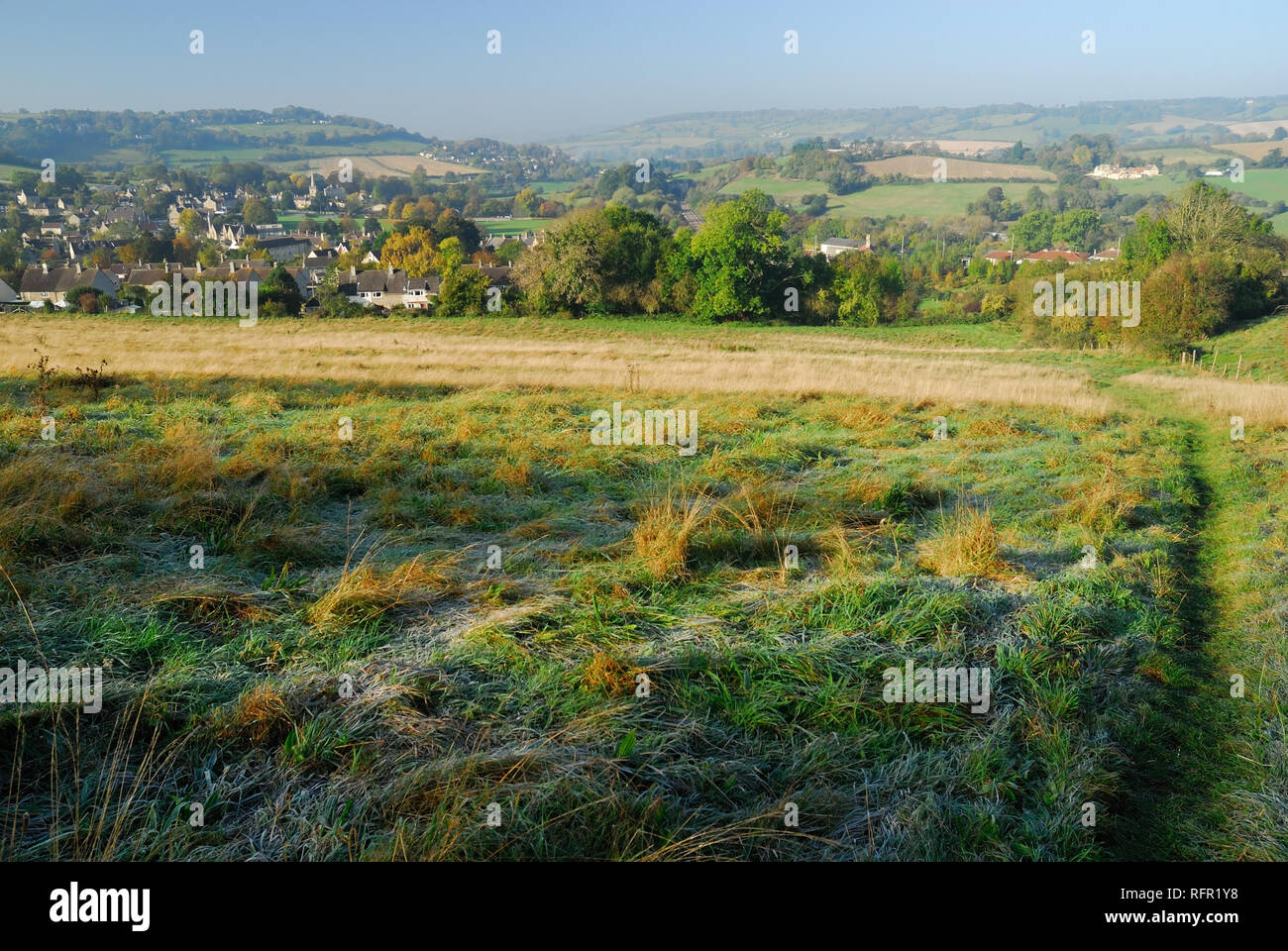 Box village and the By Brook valley in West Wiltshire, seen from above ...