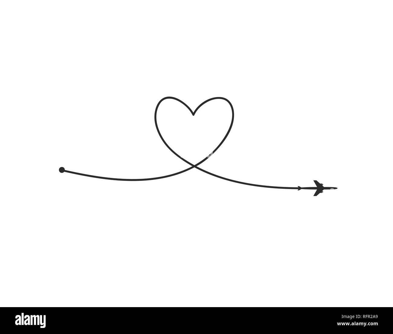 Plane and its track in the shape of a heart on white background. Vector ...