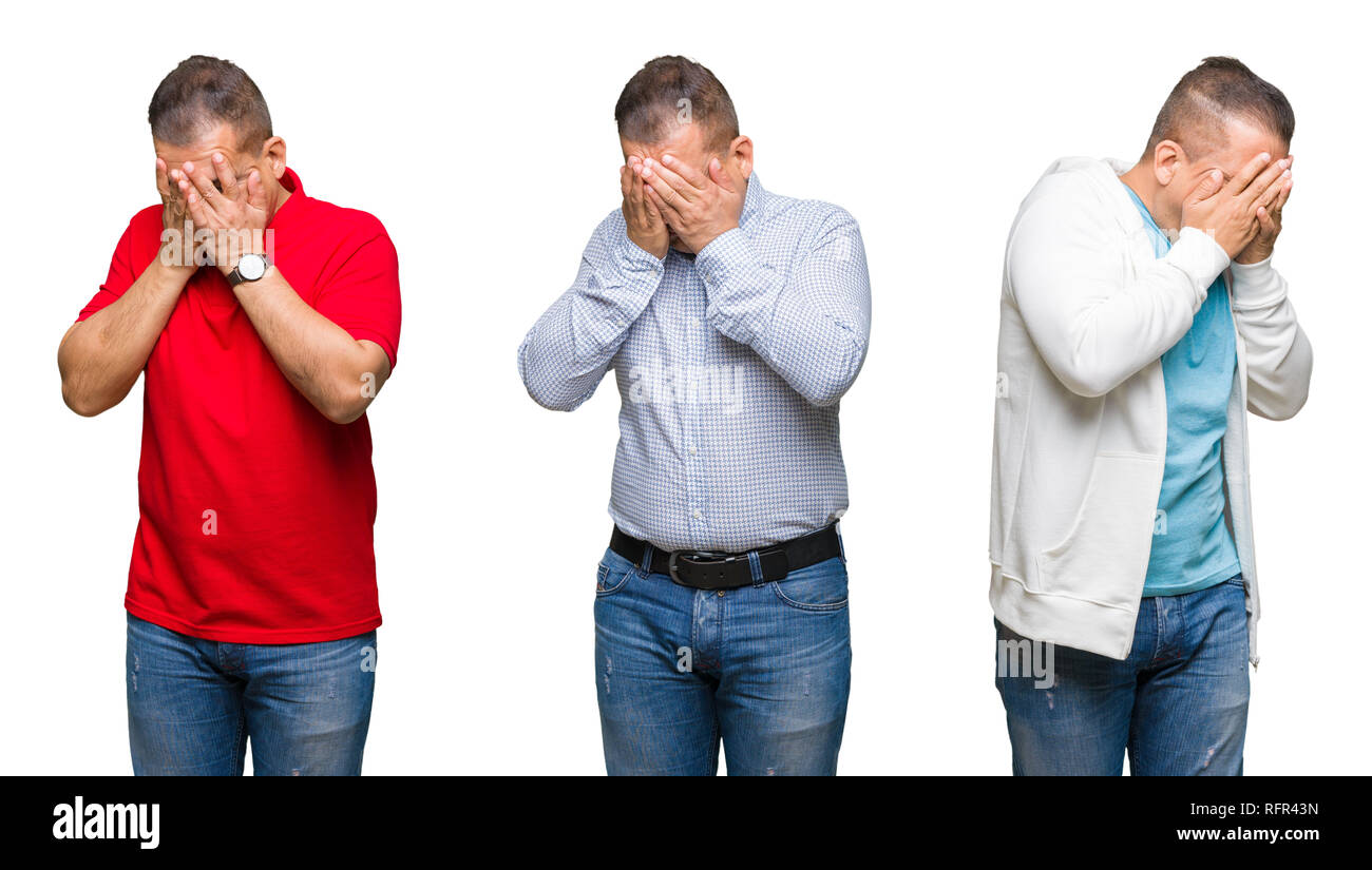 Composition of arab middle age man over isolated background with sad ...
