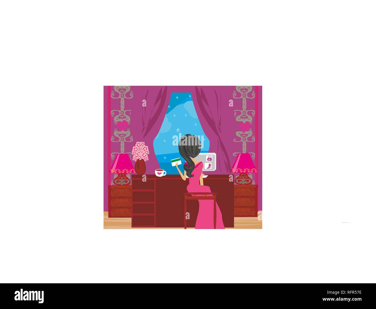 Drawing Girl Shopping Computer Vector Stock Photos & Drawing Girl ...