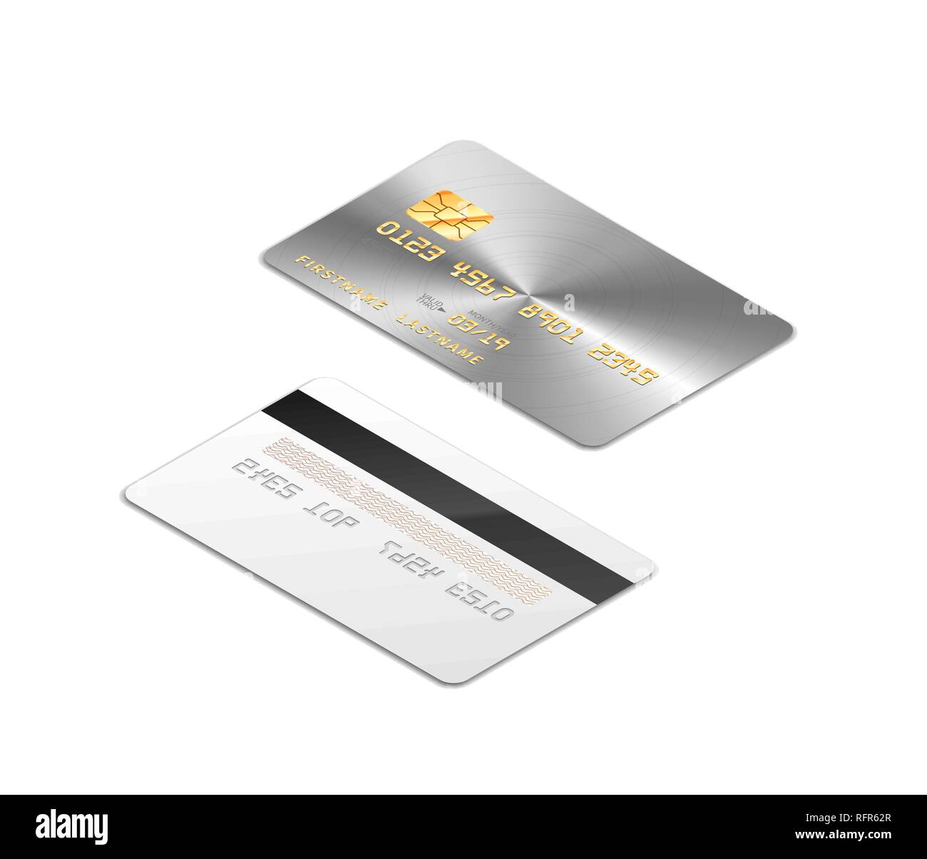 Silver realistic credit card with chip from both sides in isometric ...