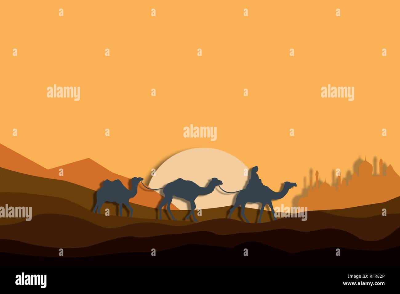 Camel caravan in the desert, paper art Stock Photo - Alamy