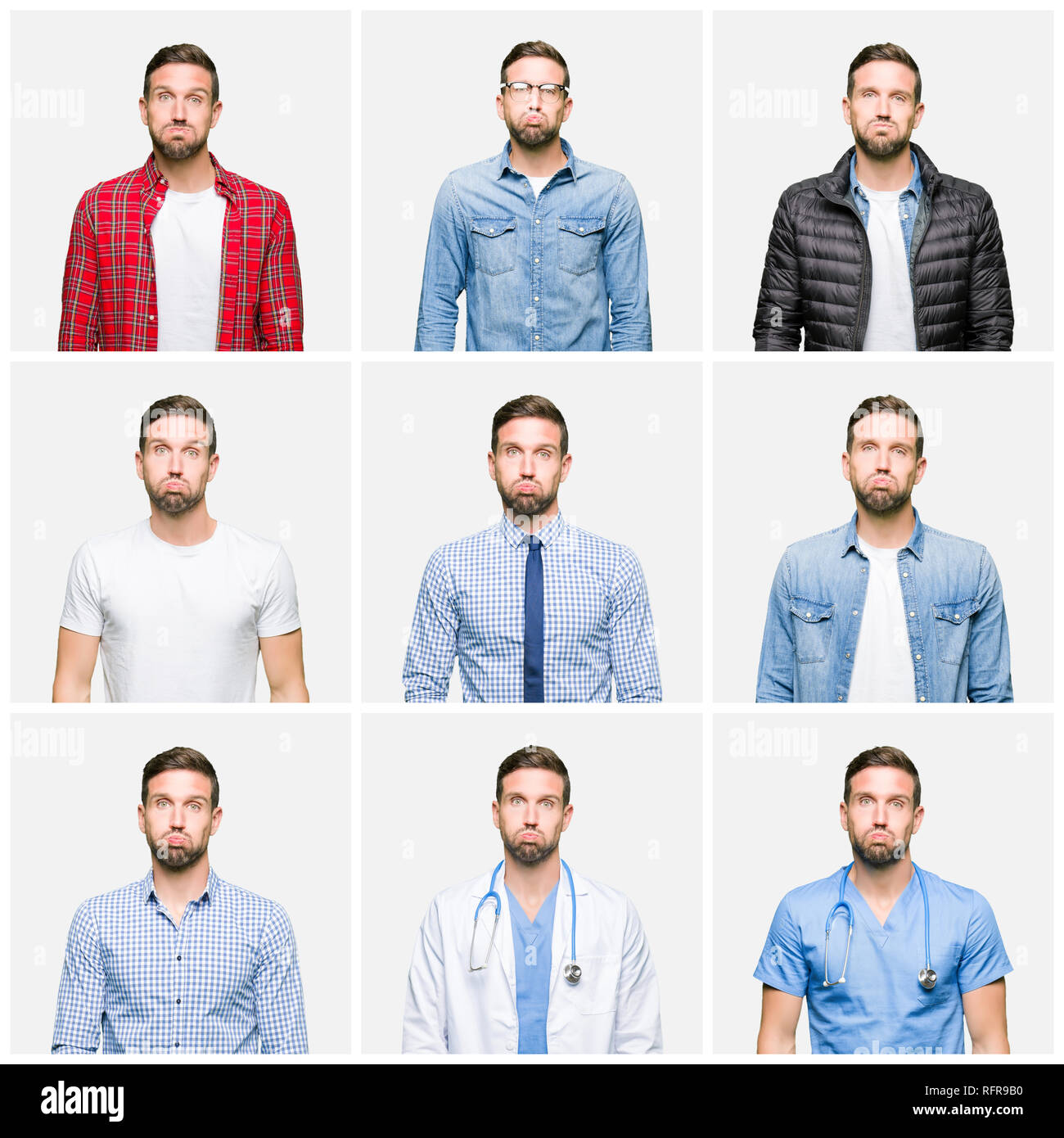 Collage of attractive young man over white isolated background puffing ...