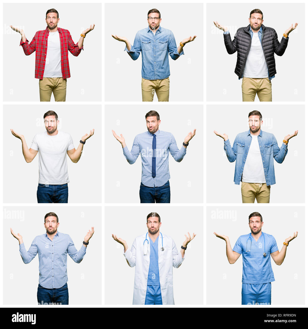 Collage of attractive young man over white isolated background clueless ...