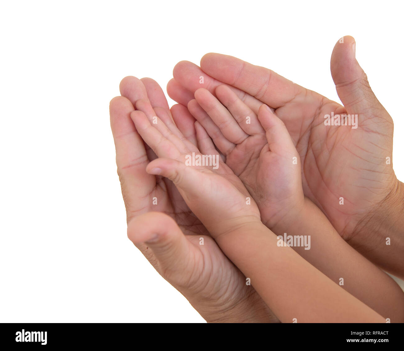 protection hand for support children hand on whire background Stock ...