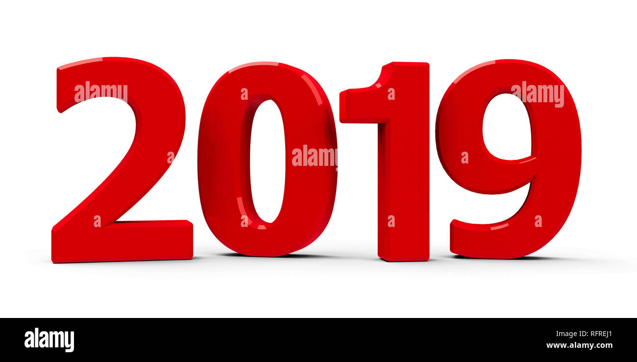Red 2019 symbol, icon or button isolated on white background ...