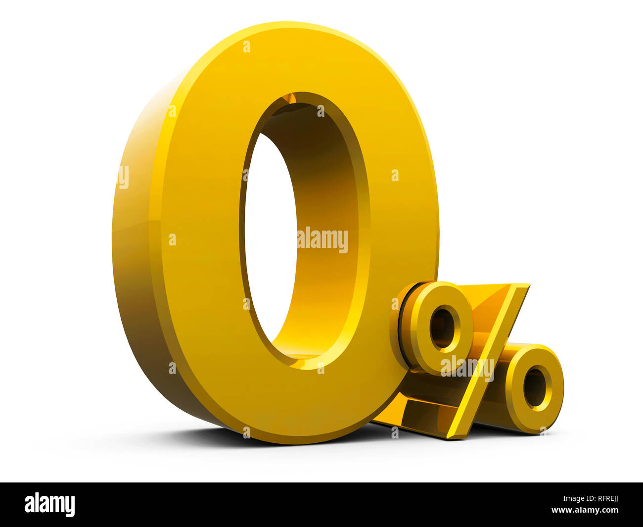 Gold zero percent sign isolated on white background, three-dimensional ...